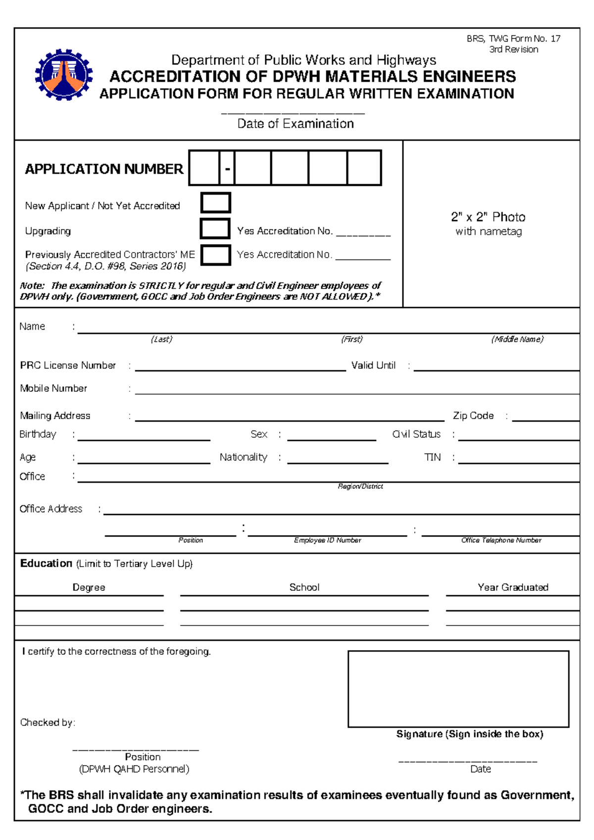 3rd Revised Application FORM FOR DPWH ME EXAM (May 2019 ) - Department ...