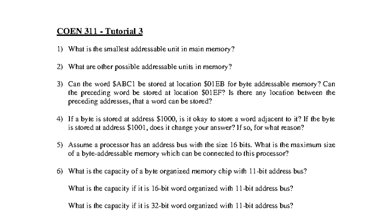 COEN 311 Tutorial 3: Addressable Memory Units and Chip Capacity - Studocu
