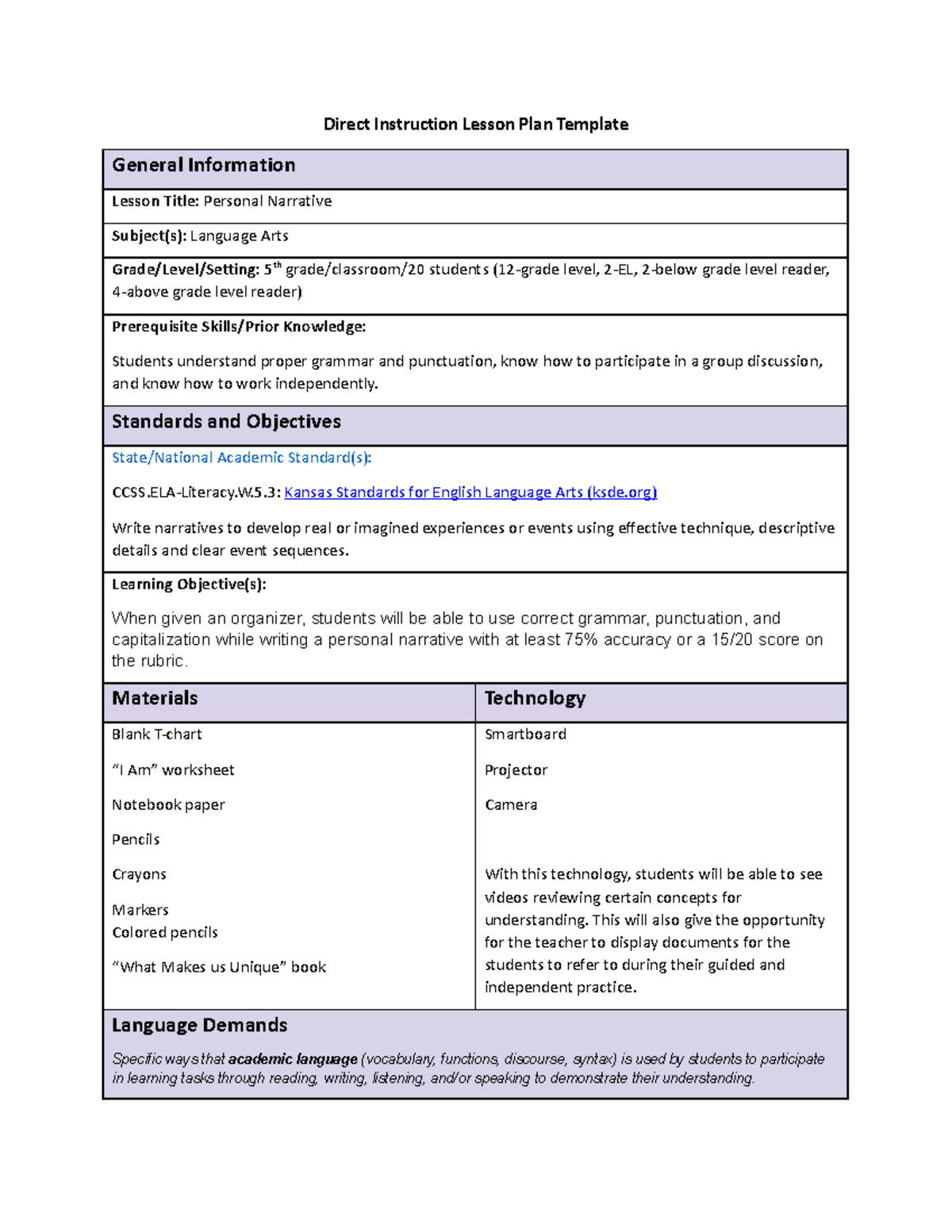 C365 Task 1 - Complete - Direct Instruction Lesson Plan Template ...