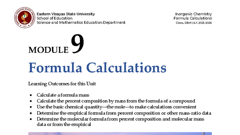 Inorganic Chemistry Formula Calculations Module (A.Y. 9) - Studocu