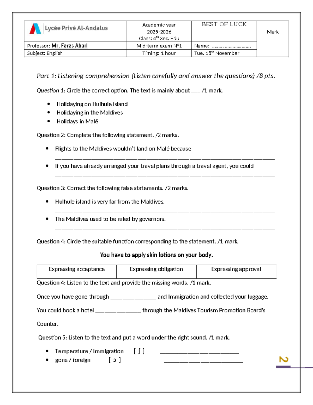 4th Sec. Edu - English Midterm Exam (2025-2026) - Studocu