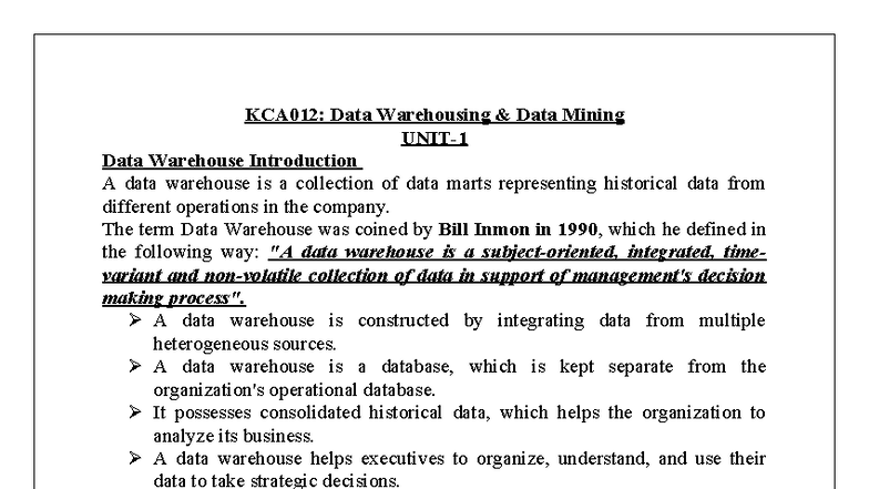 KCA012: Introduction to Data Warehousing and Data Mining - Studocu
