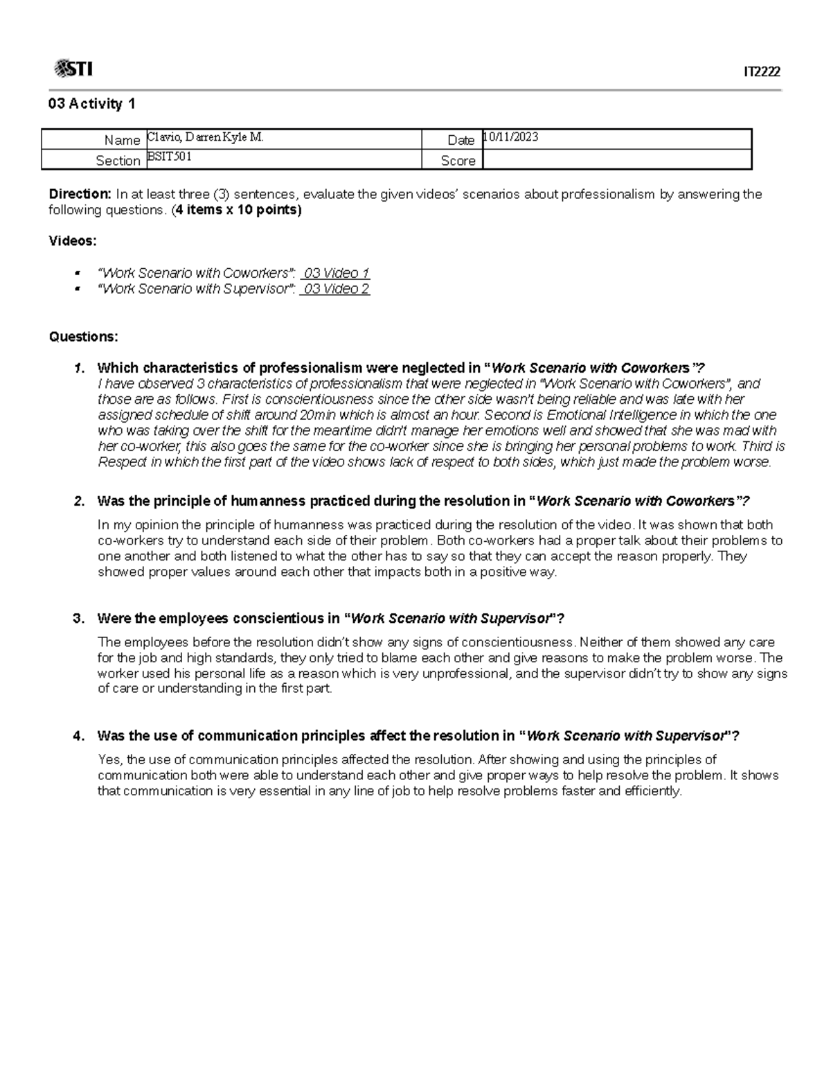 BSIT501 Activity 1: Evaluating Professionalism in Work Scenarios - Studocu