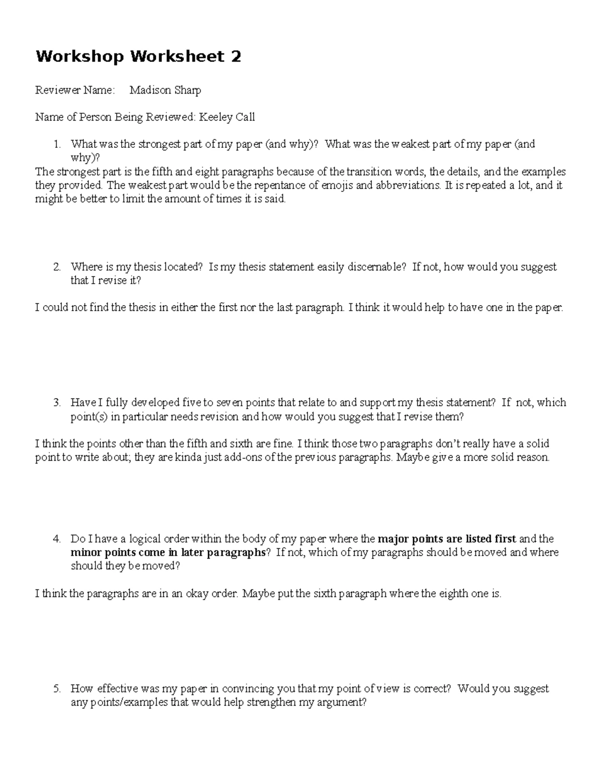 Workshop Worksheet 2 - Peer Review Feedback and Suggestions - Studocu