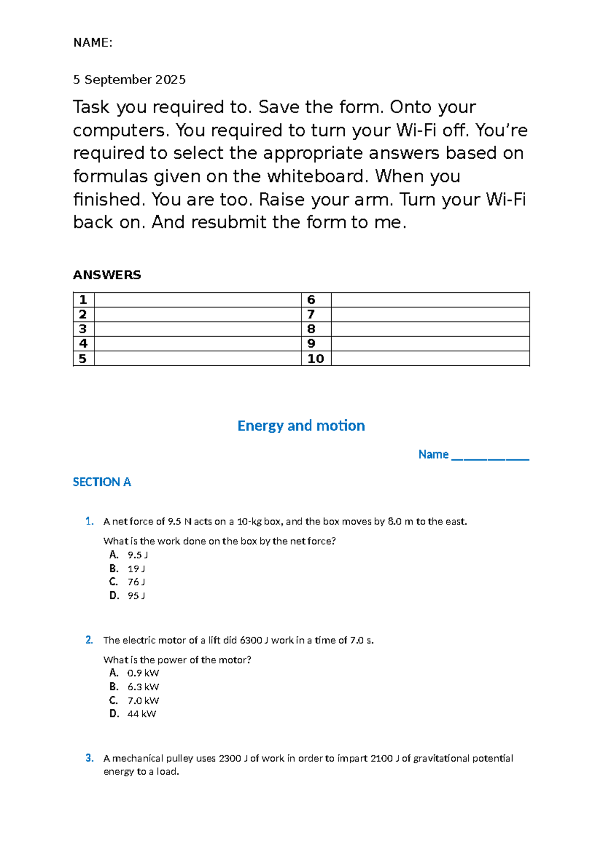 PHYS 101: 5 September 2025 MC Assessment on Energy and Motion - Studocu