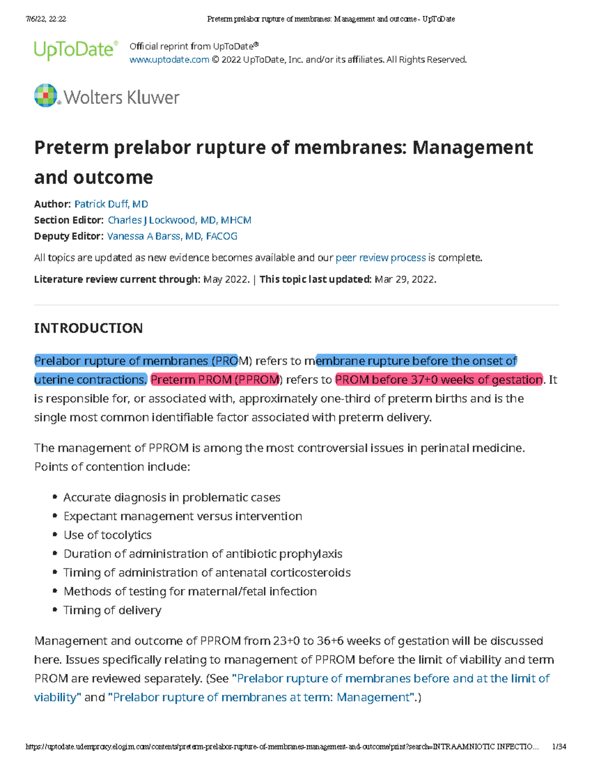 ( Pprom)Preterm prelabor rupture of membranes Management and outcome ...