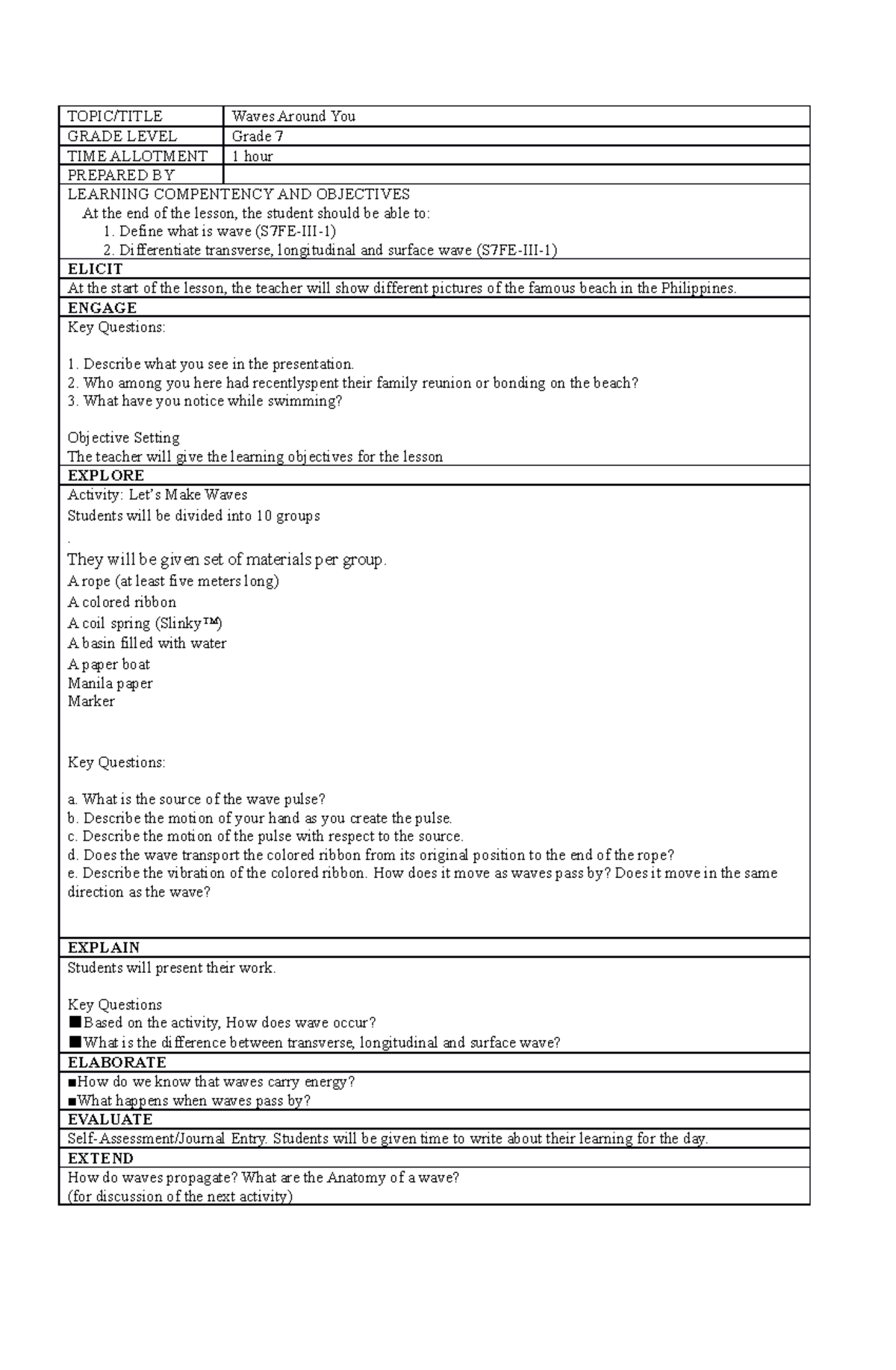 New7E lesson plan - Lecture notes 1 - TOPIC/TITLE Waves Around You ...