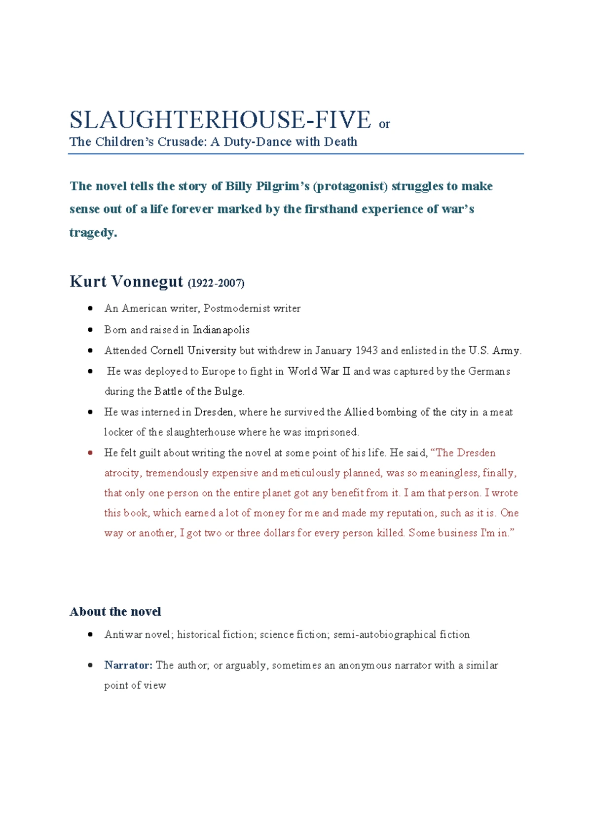 Slaughter house five: summary and analysis - SLAUGHTERHOUSE-FIVE or The ...