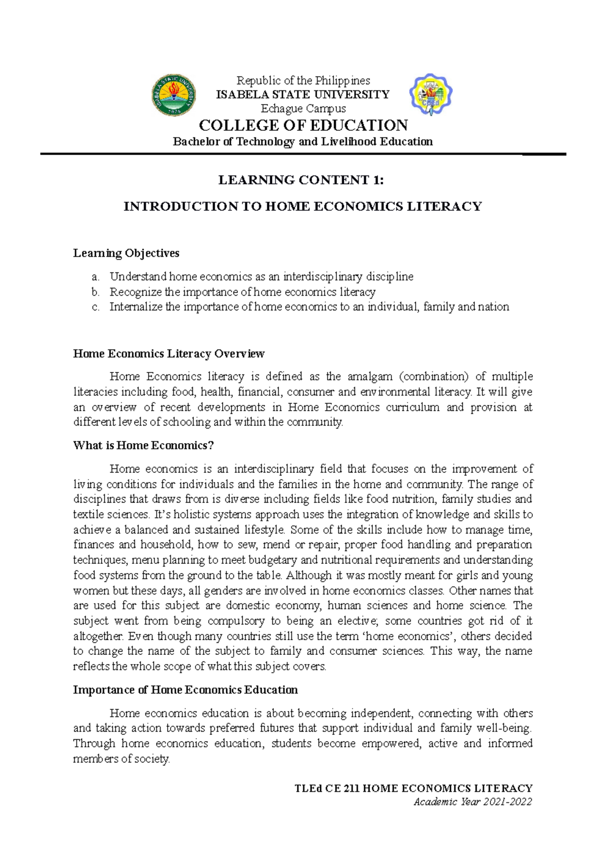 TLEd CE 211 Home Economics Literacy: Overview & Importance - Studocu