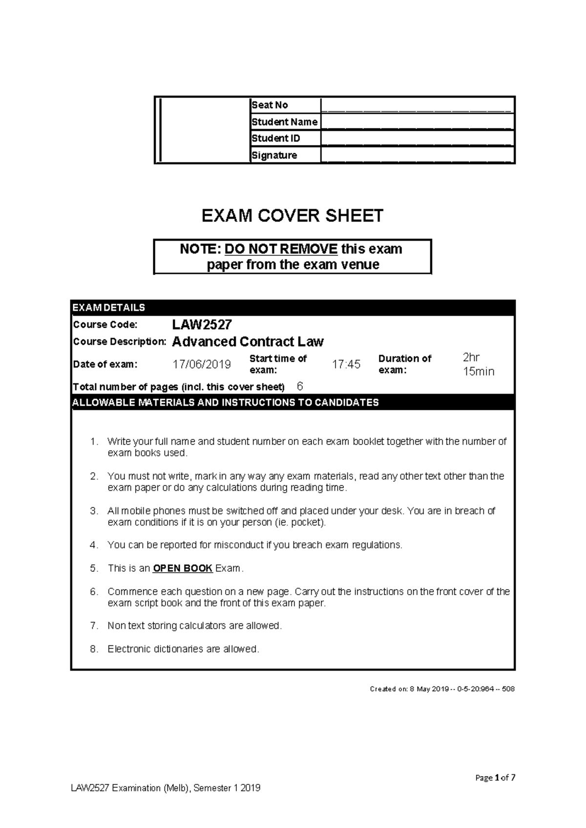Practice Exam 2 - LAW2527 Advanced Contract Law Cover Sheet - Studocu