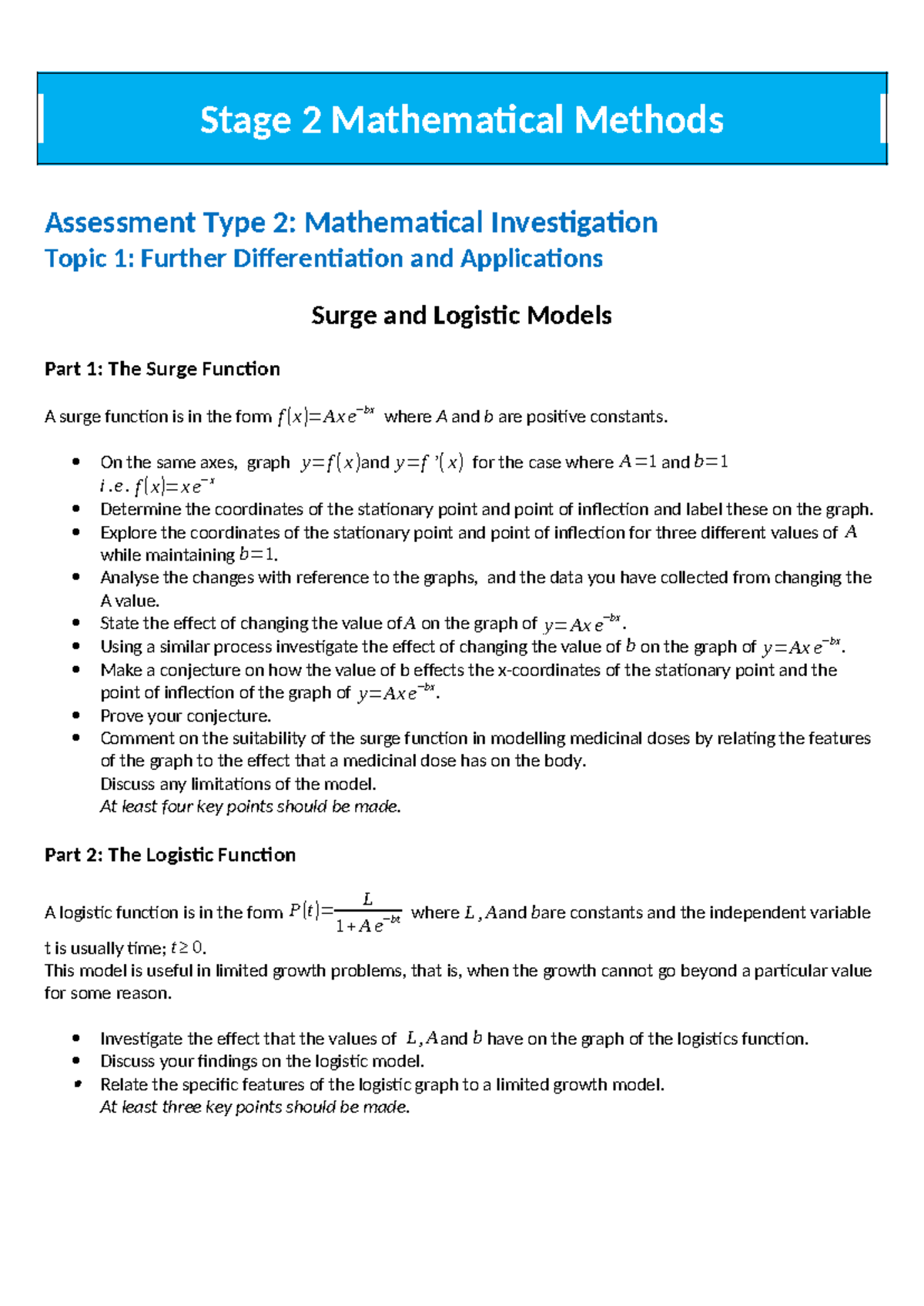 MM Stage 2 Assessment: Surge & Logistic Functions Investigation - Studocu