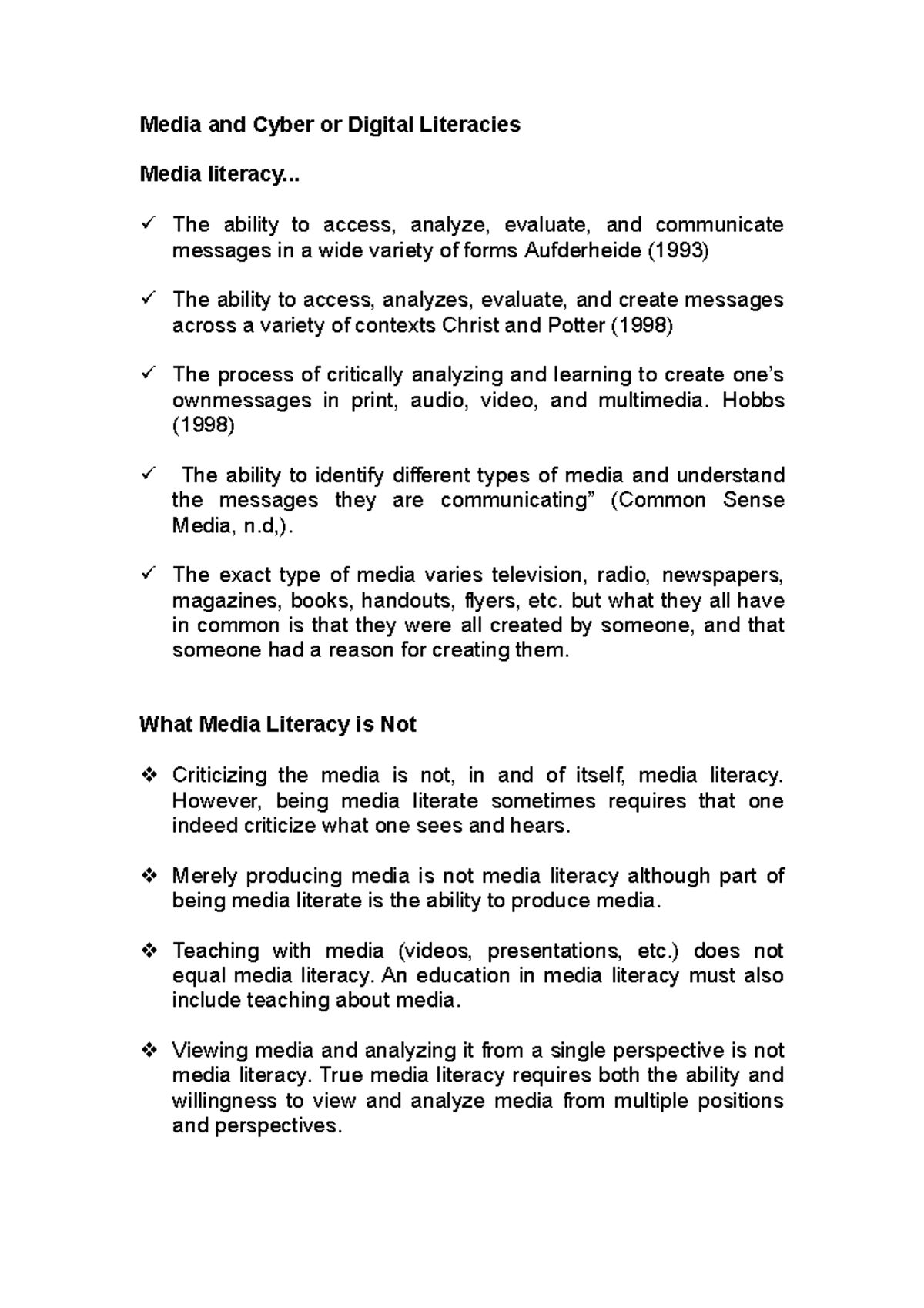 Media and Cyber/Digital Literacies Lecture Notes Overview - Studocu