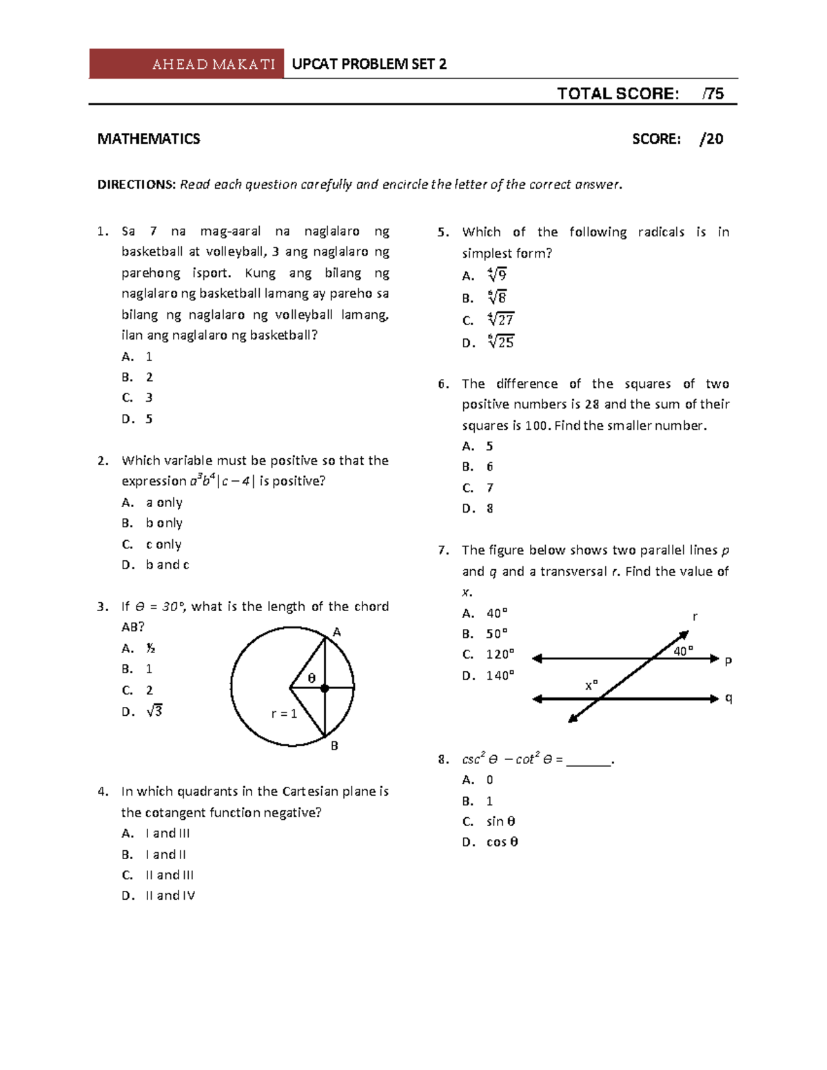Refresher-Prob Set 2 - Mathematics and Science Practice Questions - Studocu