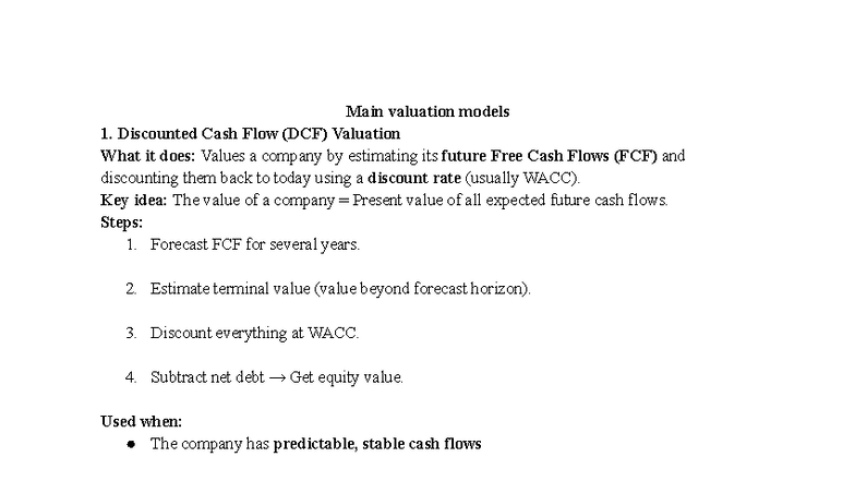 Main Valuation Models - Small Notes for Finance 101 - Studocu