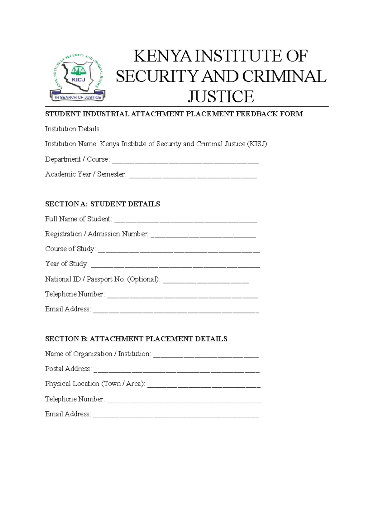 KICJ Student Industrial Attachment Feedback Form - Studocu