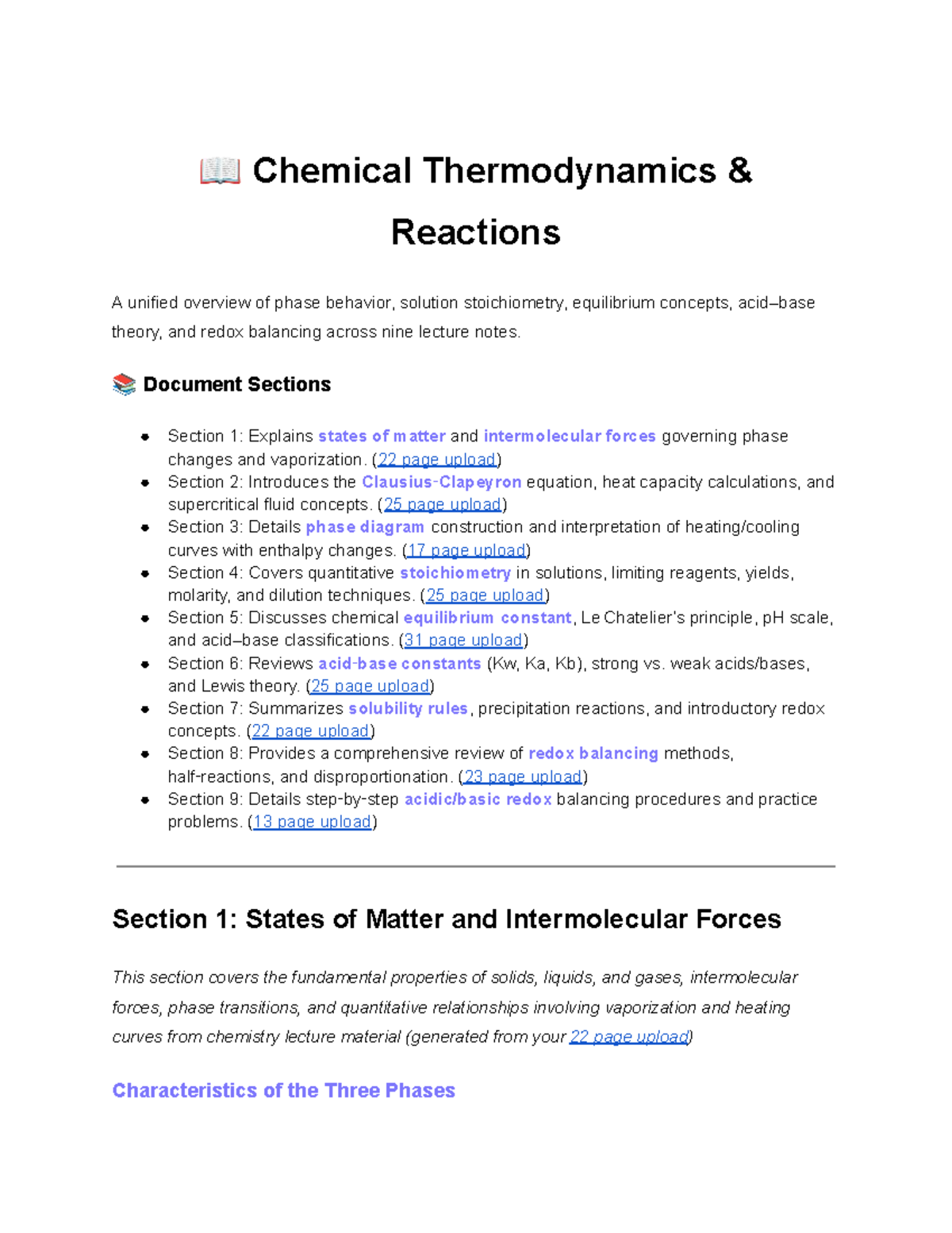 Chemical Thermodynamics & Reactions (CHEM 201) - Lecture Notes Overview ...