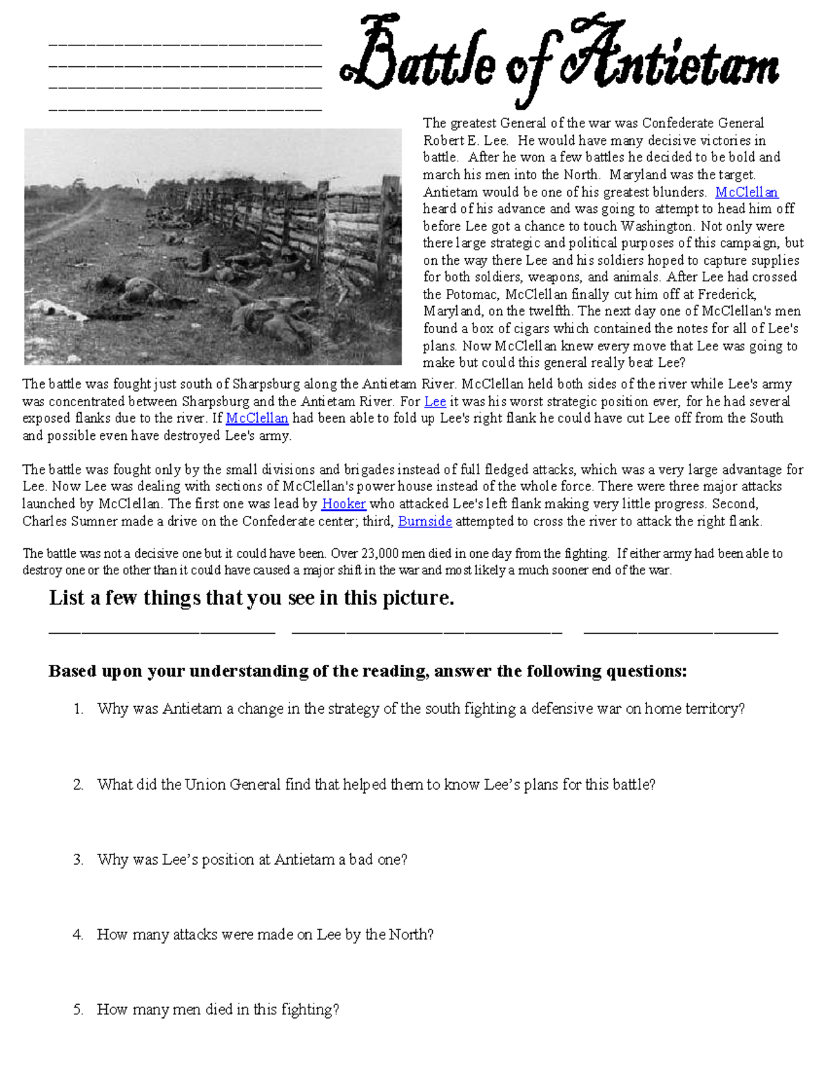 Civil War Worksheet 10-14: Analyzing the Battle of Antietam - Studocu