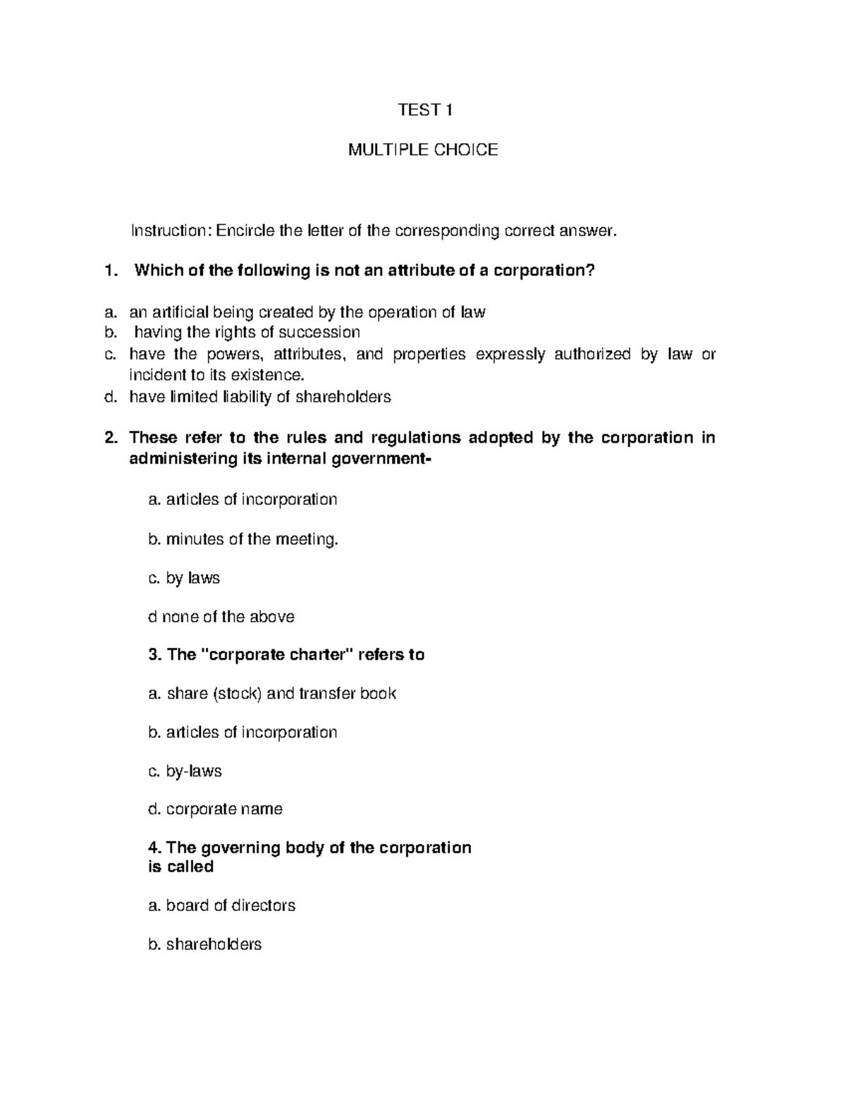 Sample TEST 1 - Multiple Choice Questions on Corporate Attributes - Studocu