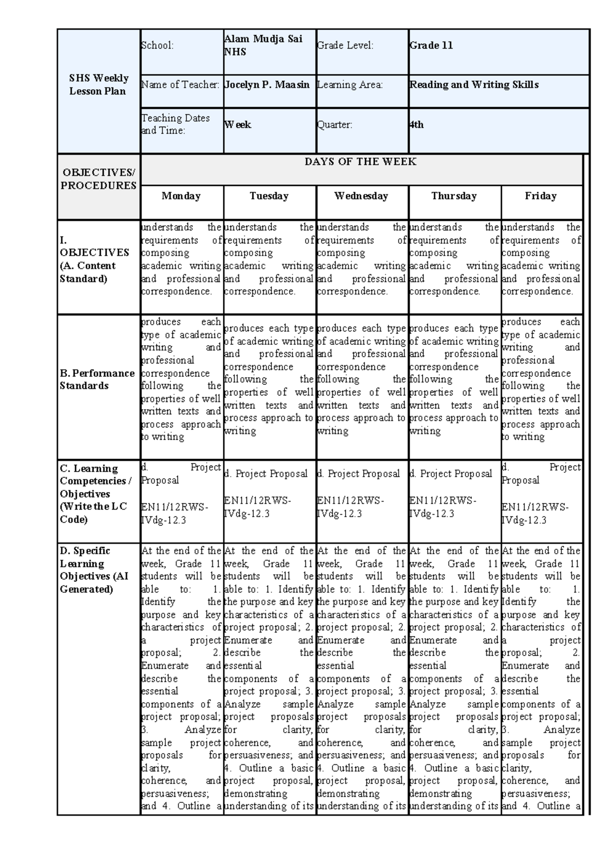 DLL Grade 11 Reading & Writing Skills Weekly Lesson Plan - Studocu