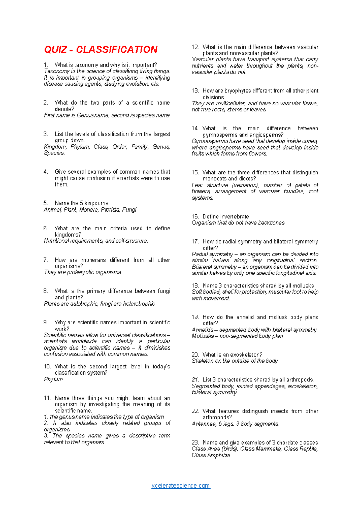 Taxonomy Quiz - Practice Material for Xcelerate Science Class - Studocu