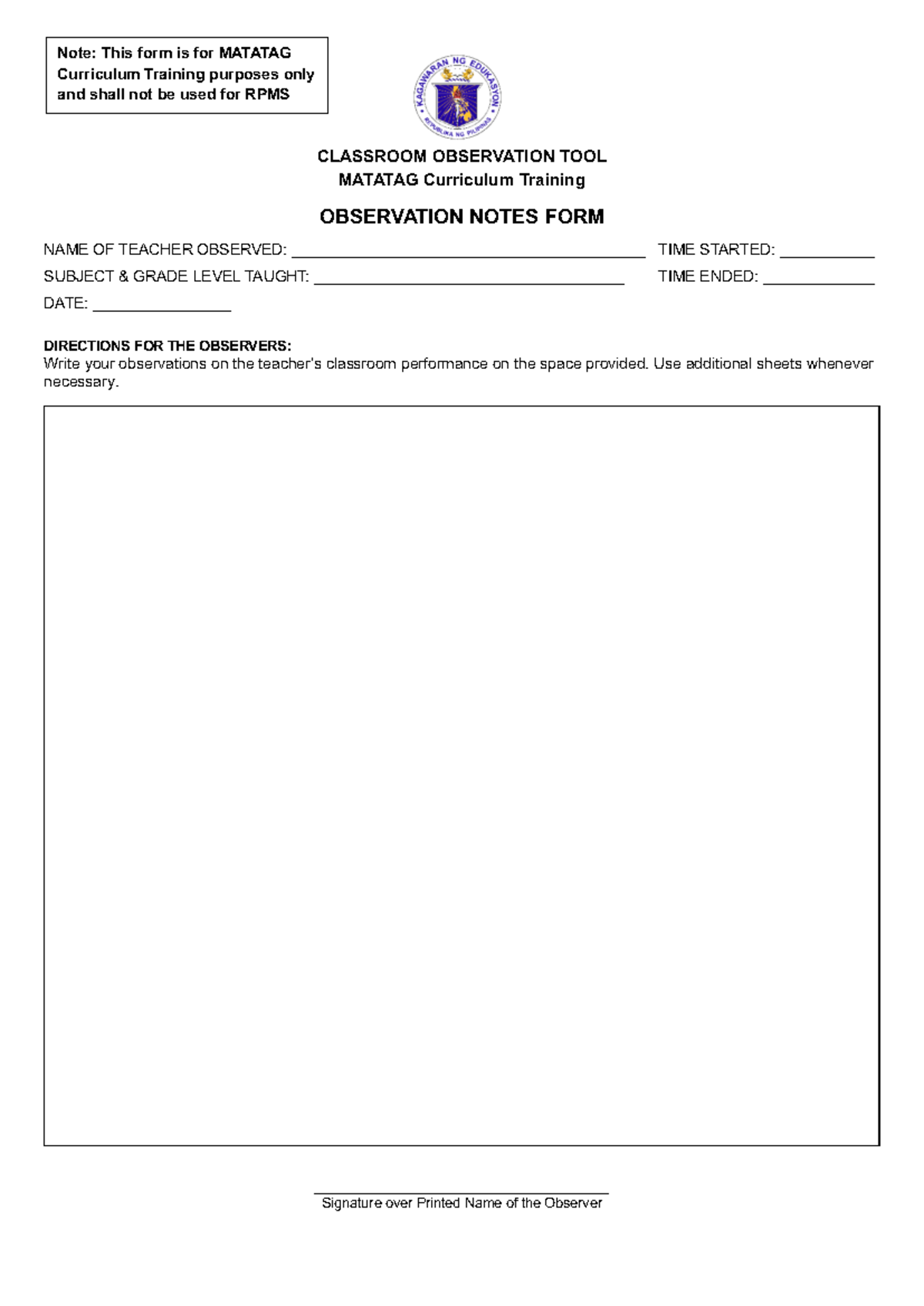 COT-ONF- Matatag - CLASSROOM OBSERVATION TOOL MATATAG Curriculum ...