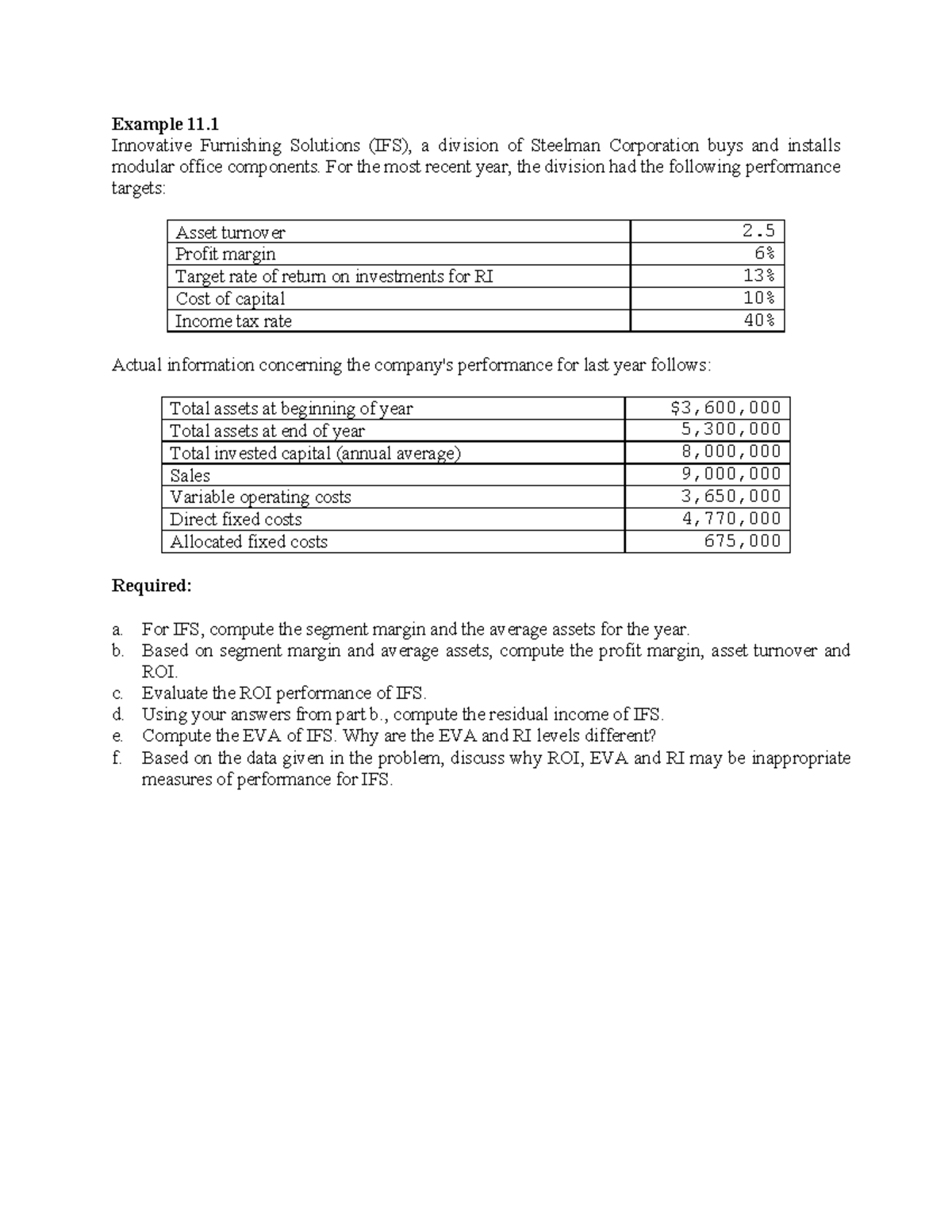 Comparative Analysis of ROI, RI, and EVA for IFS Case Study - Studocu