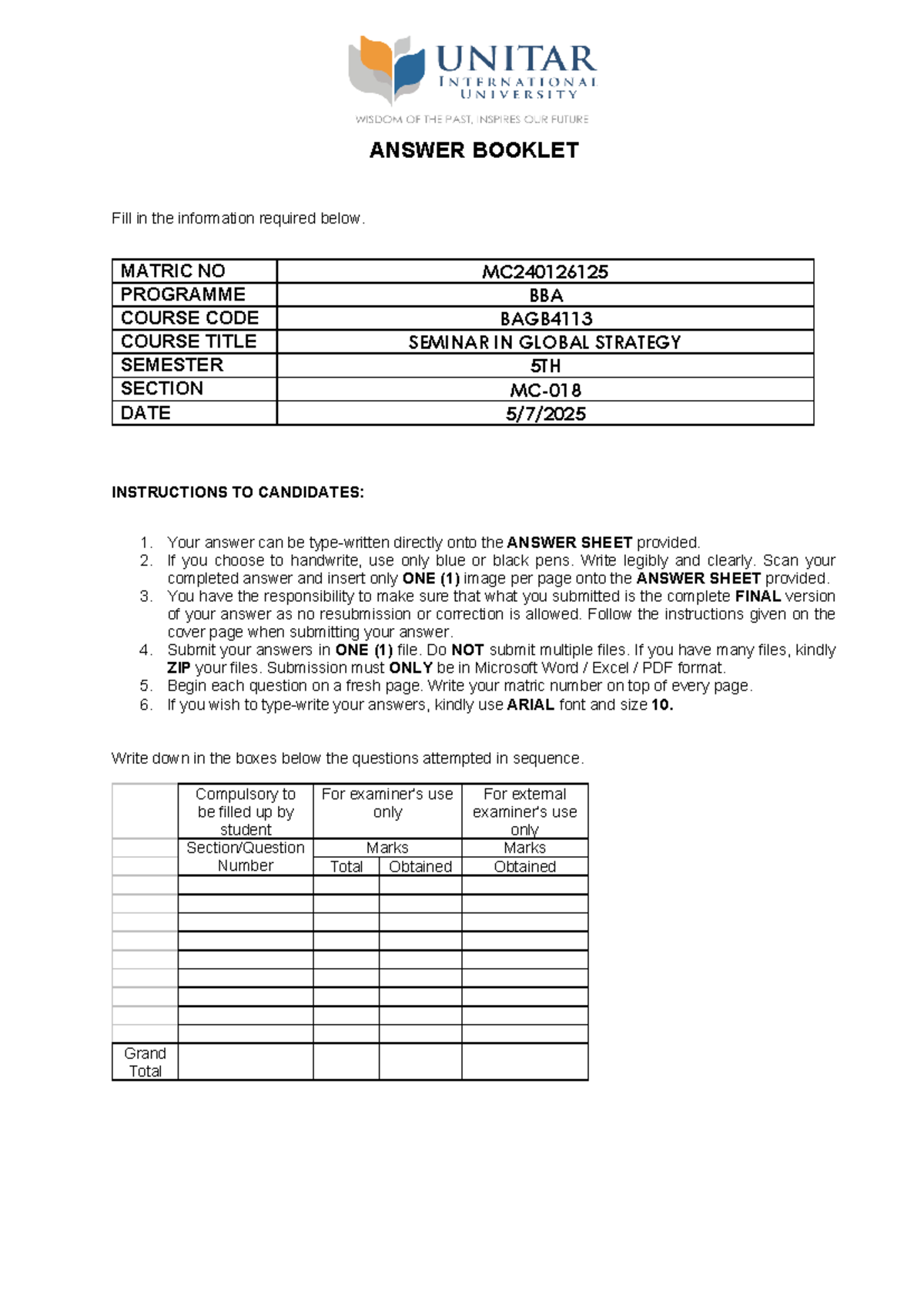 BAGB4113 Final Exam Answer Booklet: Seminar in Global Strategy - Studocu