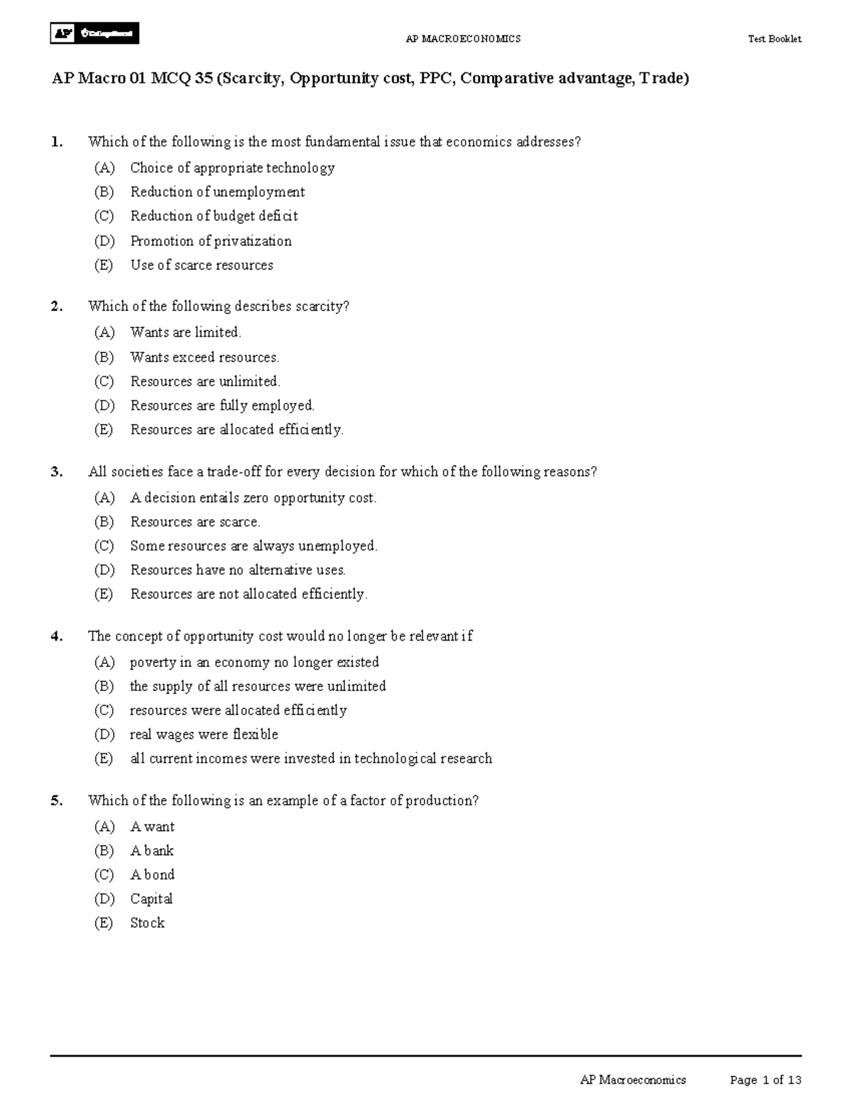 AP MACROECONOMICS Test Booklet AP Macro 01 MCQ 35 (Scarcity ...