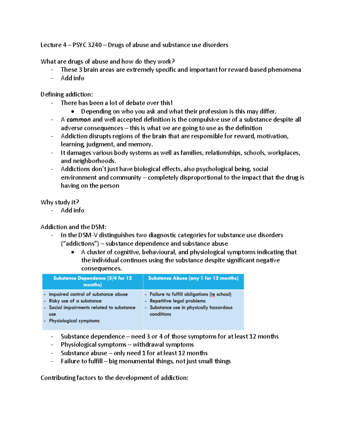 Lec 4 Notes: Understanding Addiction & Substance Use - PSYC 3240 - Studocu