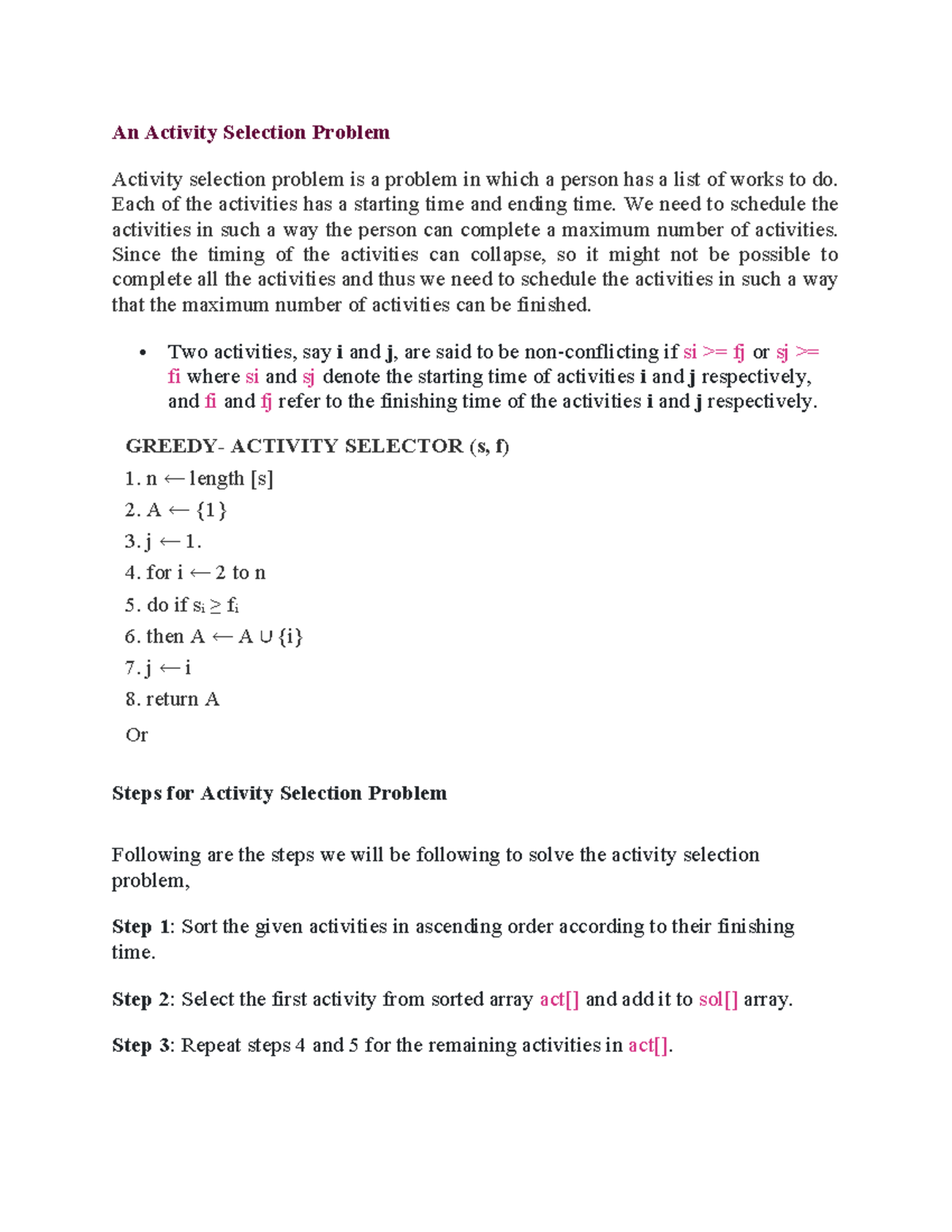 Activity Selection Problem: Steps & Time Complexity Analysis - Studocu