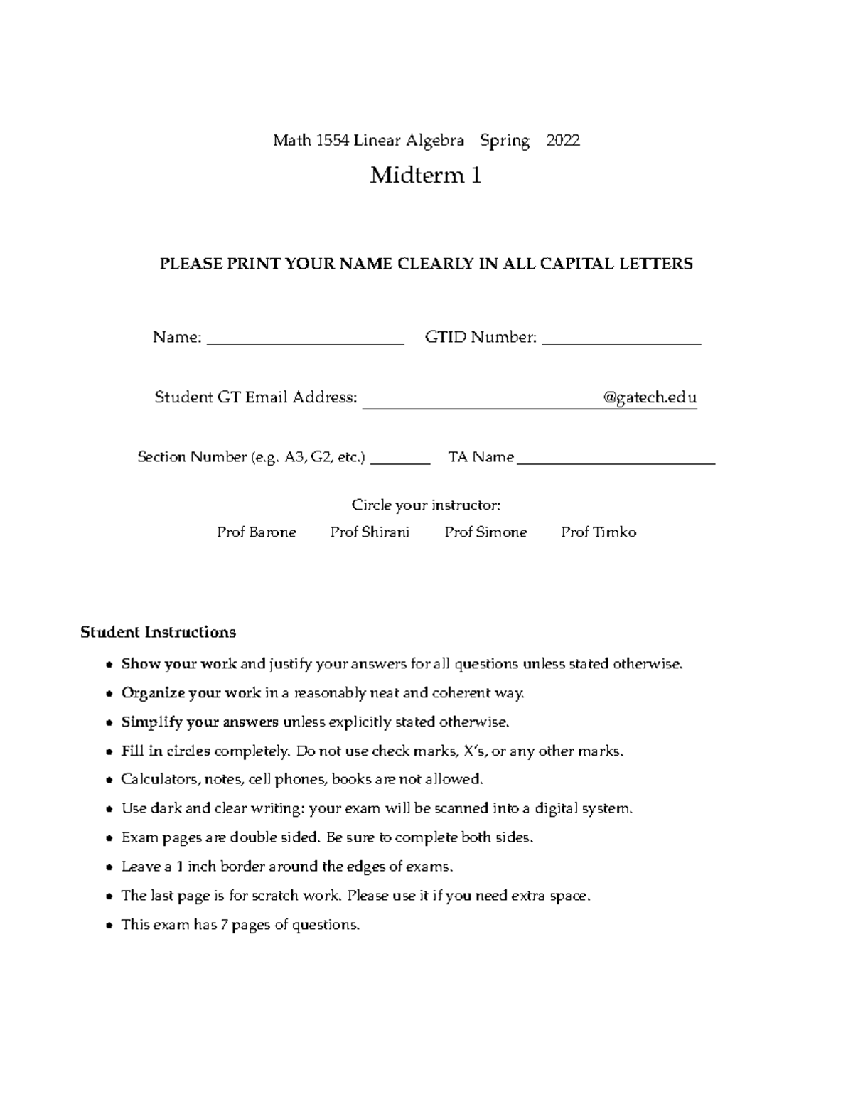 Math 1554 Linear Algebra Spring 2022 Midterm 1 Exam Instructions - Studocu