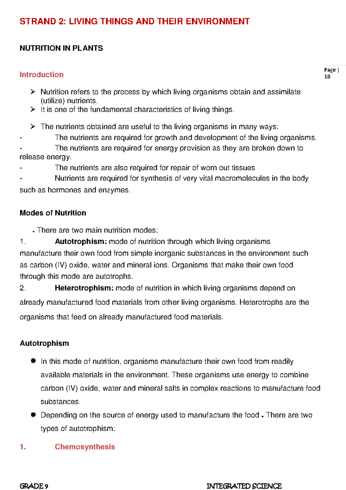 Grade 9 Integrated Science: Nutrition in Plants and Animals Notes - Studocu