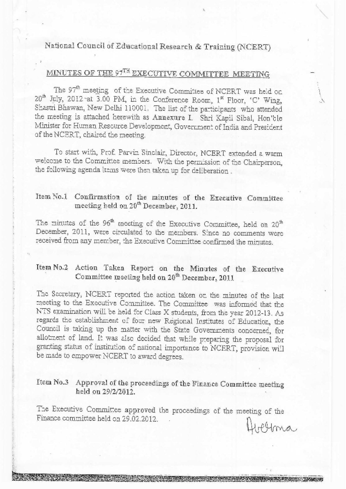Minutes of the 97th Executive Committee Meeting (NCERT) - Studocu