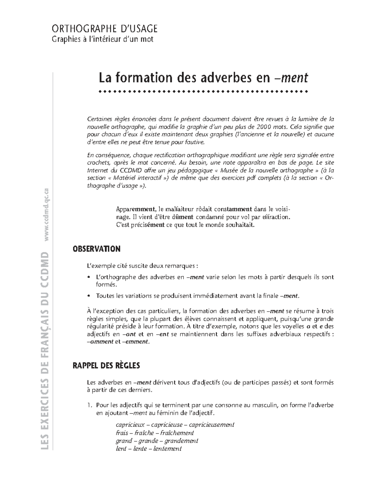 Exercices sur la Formation des Adverbes en Français (CCDMD) - Studocu