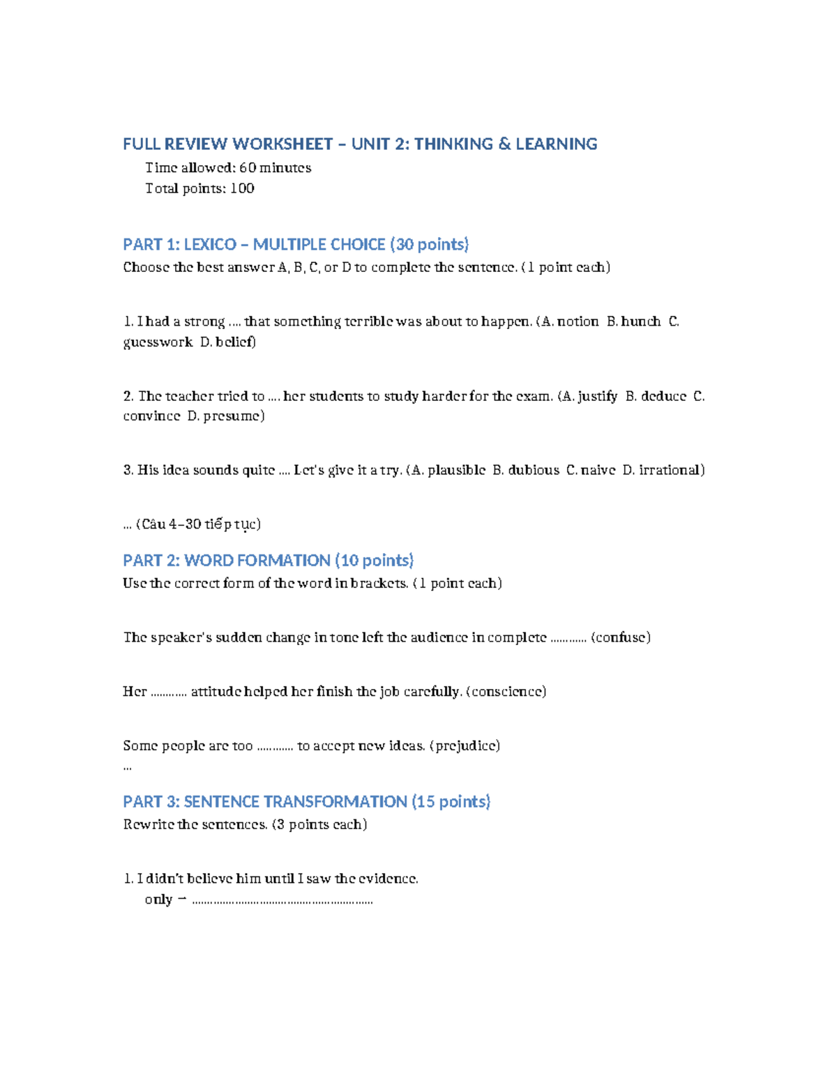 Unit 2: Thinking & Learning Worksheet - Full Review Guide - Studocu