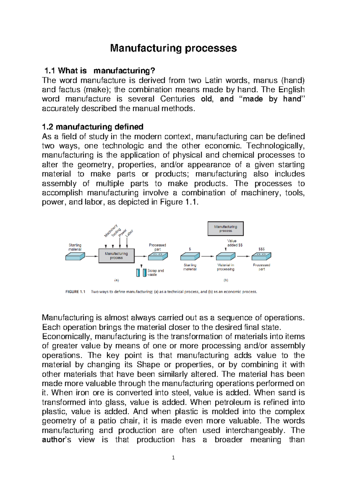 Mfg - bvnxdzc - Manufacturing processes 1 What is manufacturing? The ...