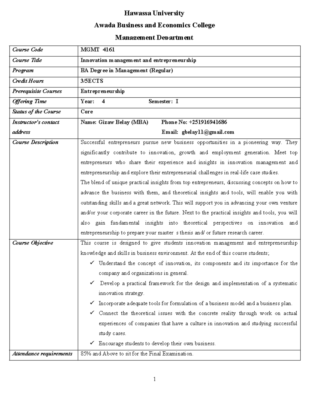 MGMT 4161 Course Outline: Innovation Management & Entrepreneurship - Studocu