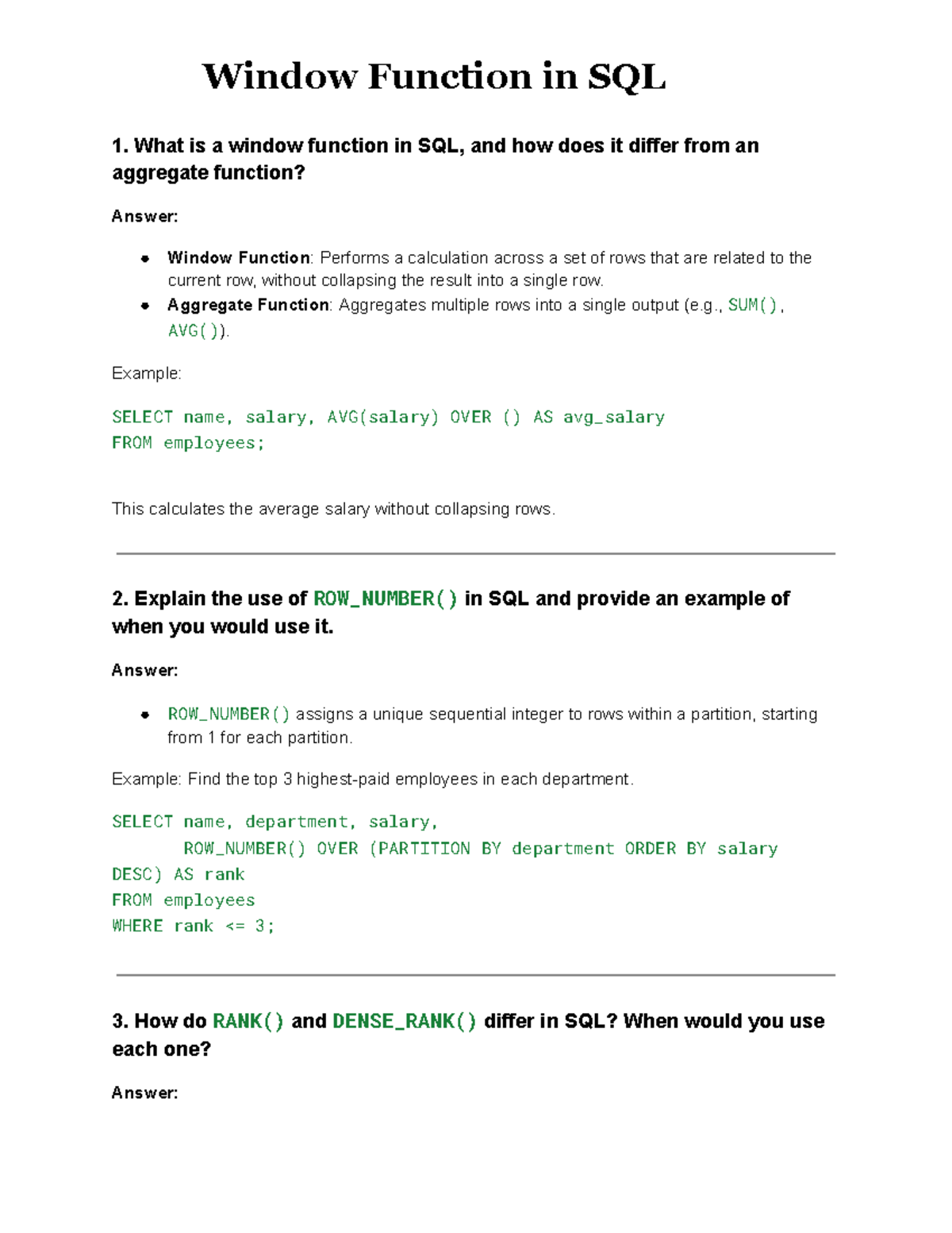 SQL Windows Functions - Lecture Notes on Window Functions - Studocu