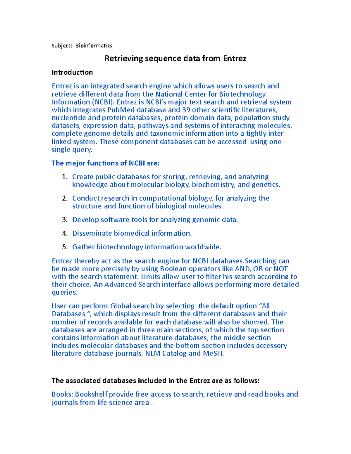 Retrieving Sequence Data from NCBI Entrez: An Overview of Databases ...