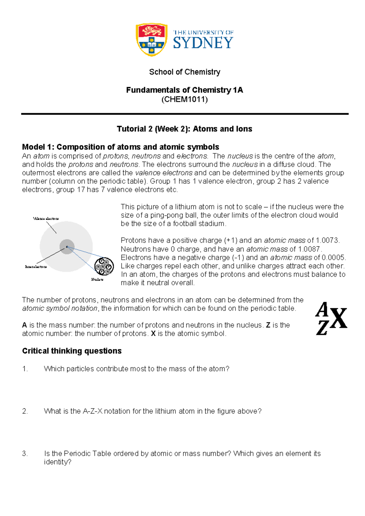 CHEM1011 Tutorial 2: Atoms, Ions, and Isotopes Overview - Studocu