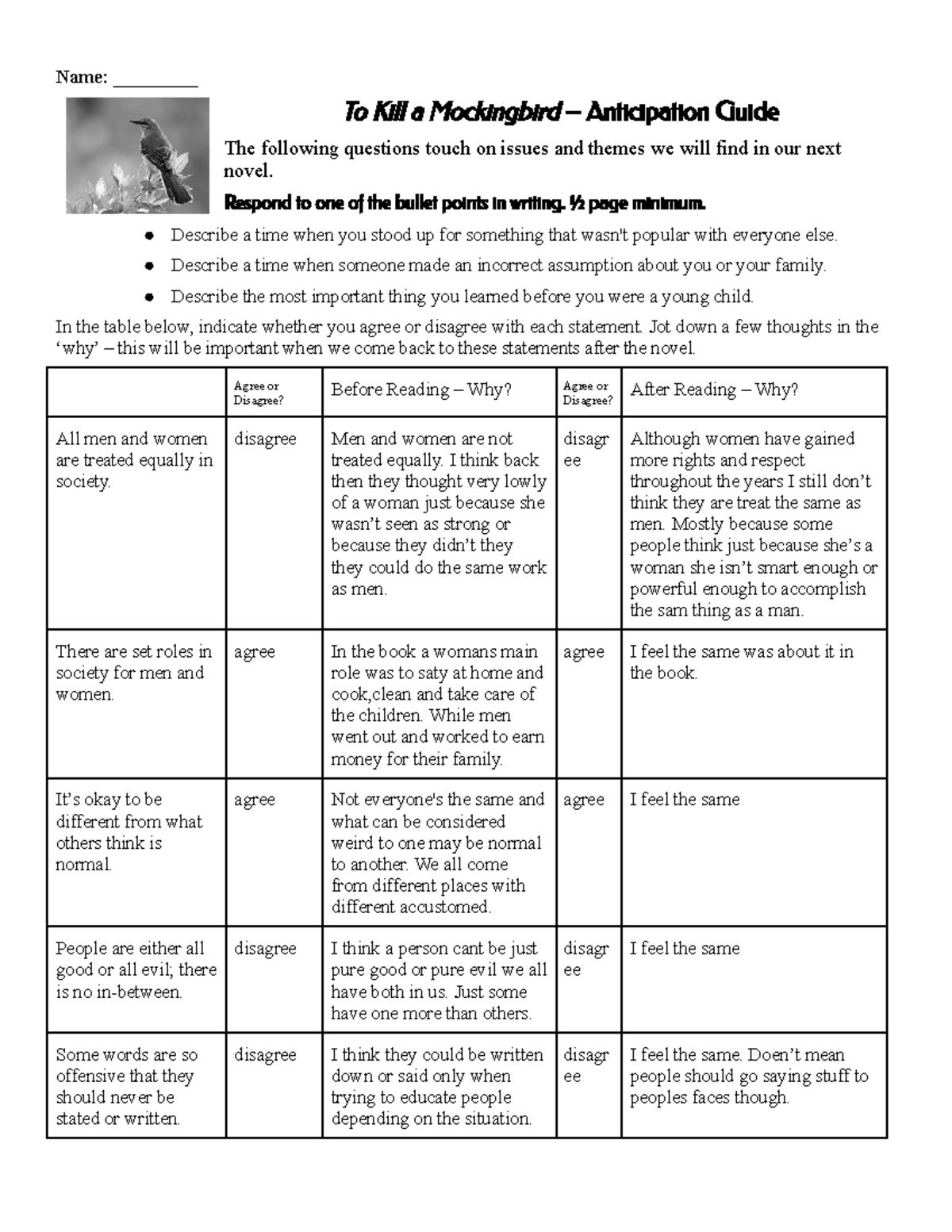 Anticipation Guide and Response Questions for TKAM Unit - Studocu