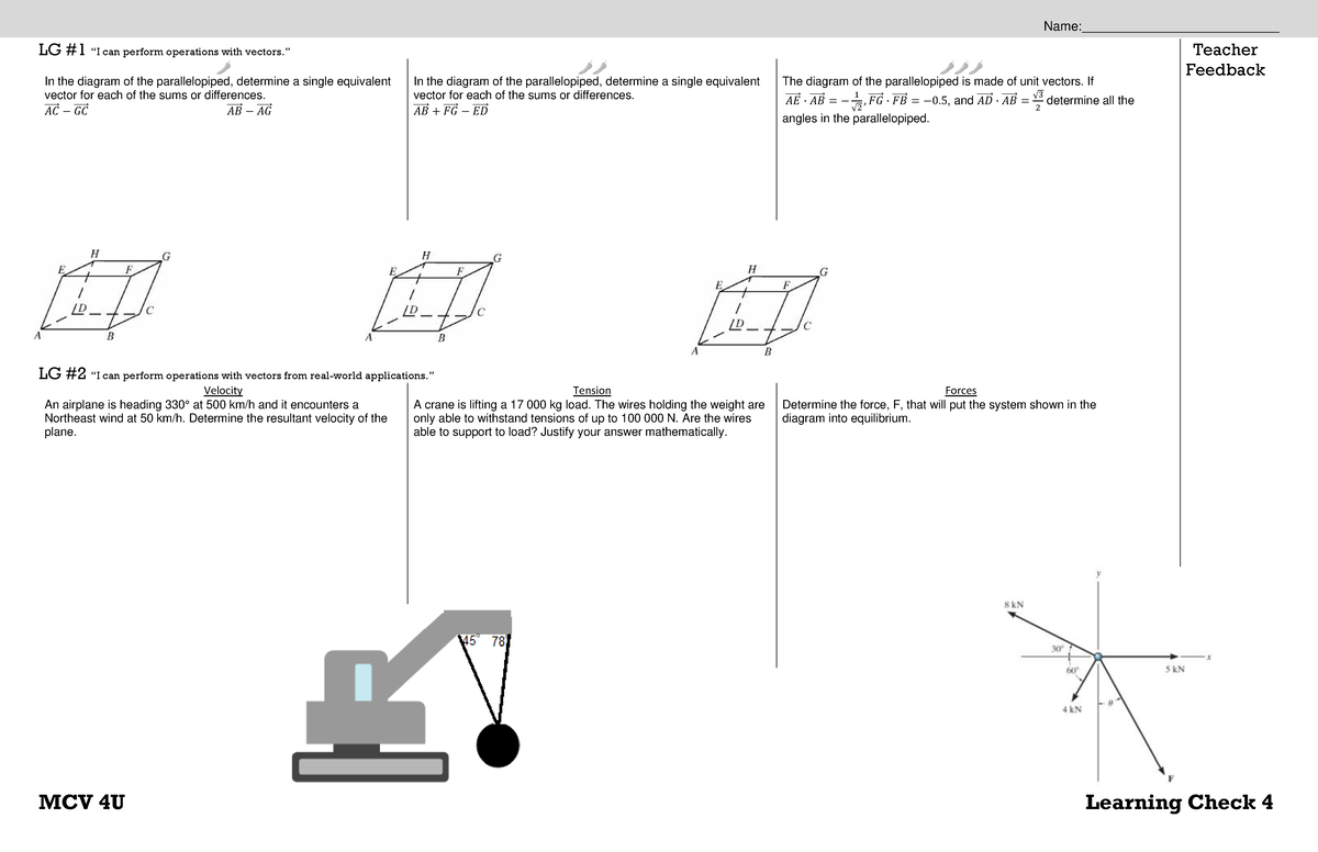 MCV 4U - Learning Check 4: Vector Operations & Forces Analysis - Studocu
