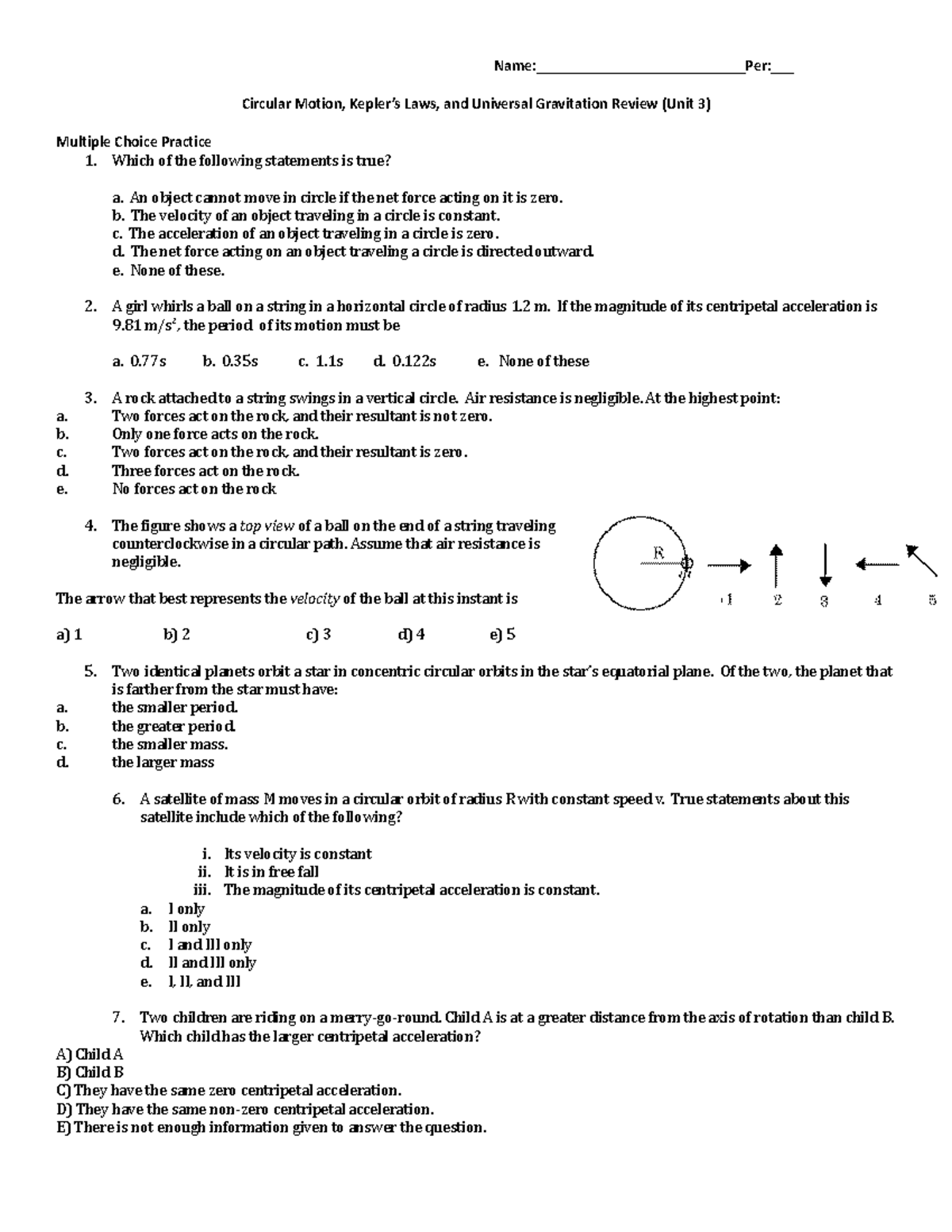 Honors Physics Unit 3 Review: Circular Motion & Gravitation MC Practice ...