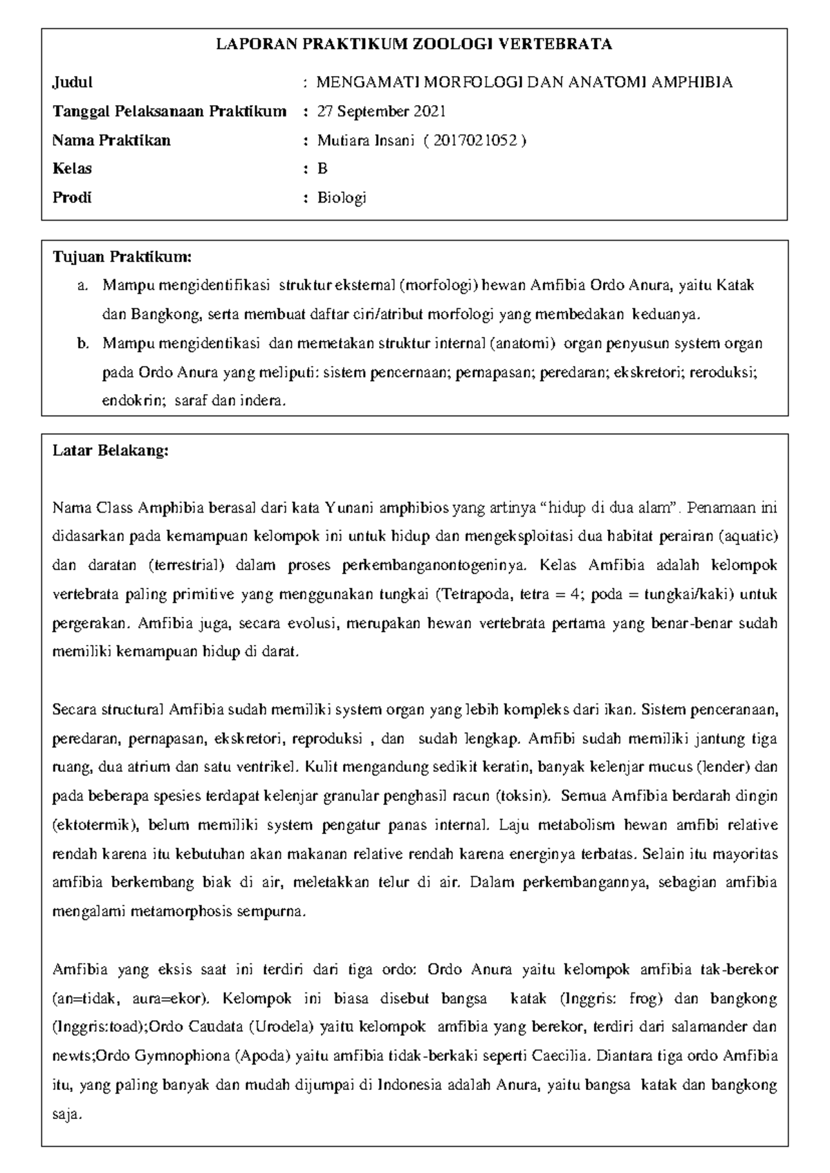Laporan Praktikum Zoologi Vertebrata: Morfologi & Anatomi Amphibia ...
