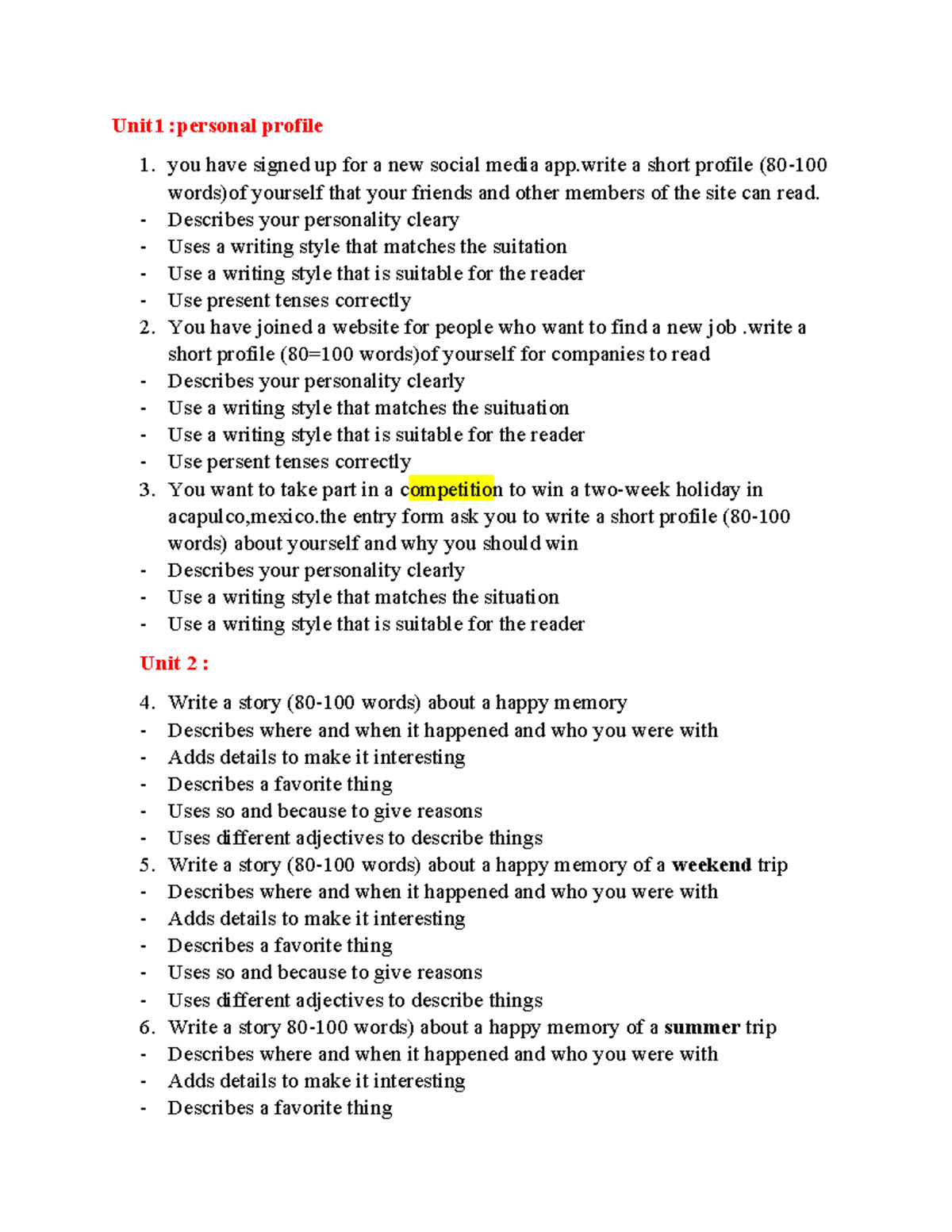 Unit 1-3: Personal Profiles, Happy Memories & Recipes - Studocu