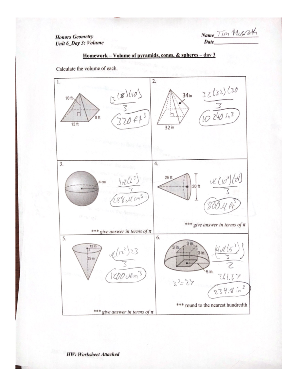 Honors Geometry - Unit 6 Day 3 Volume Homework Answer Keys - Studocu