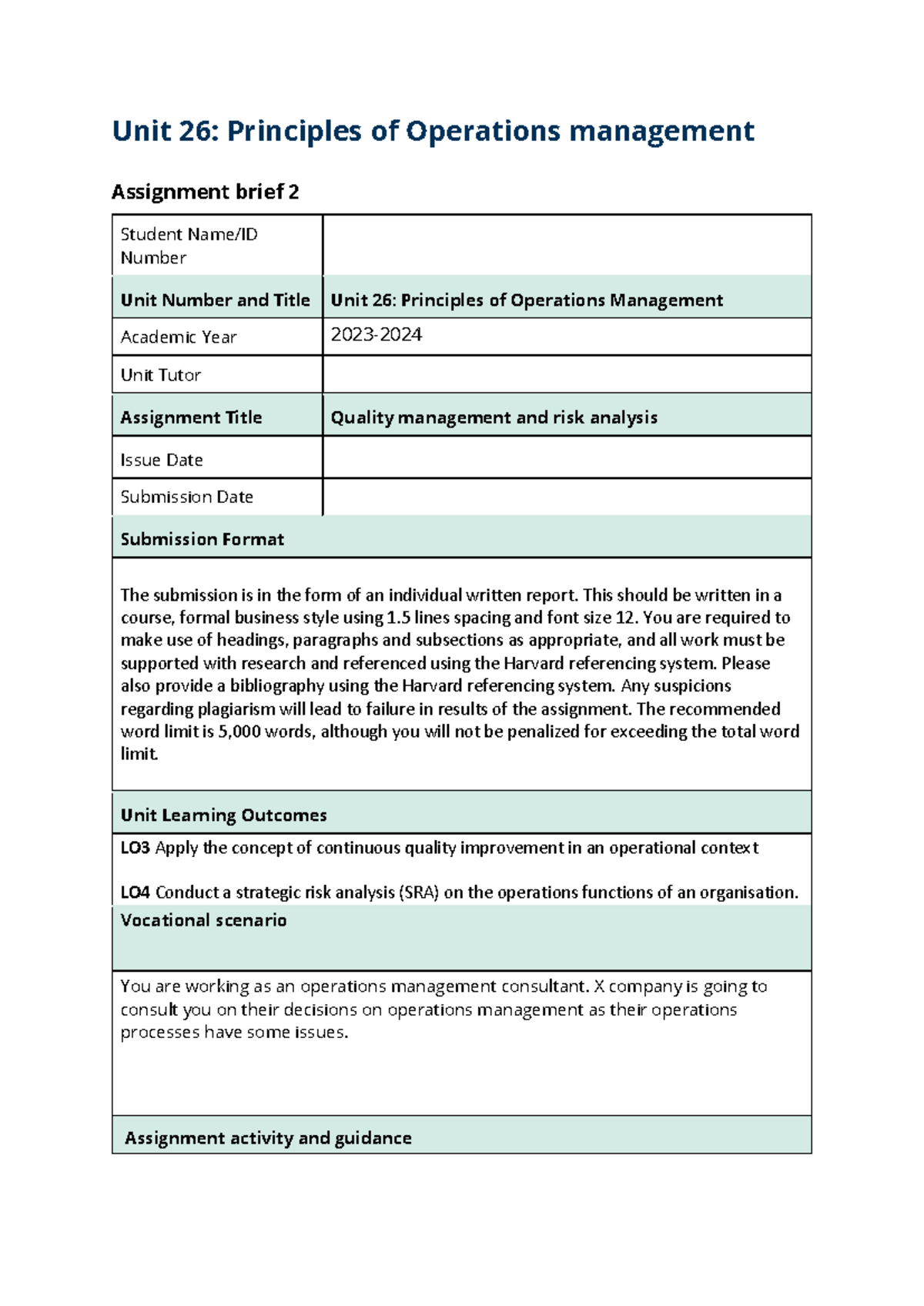 Assignment brief 2 - asm - Unit 26 : Principles of Operations ...