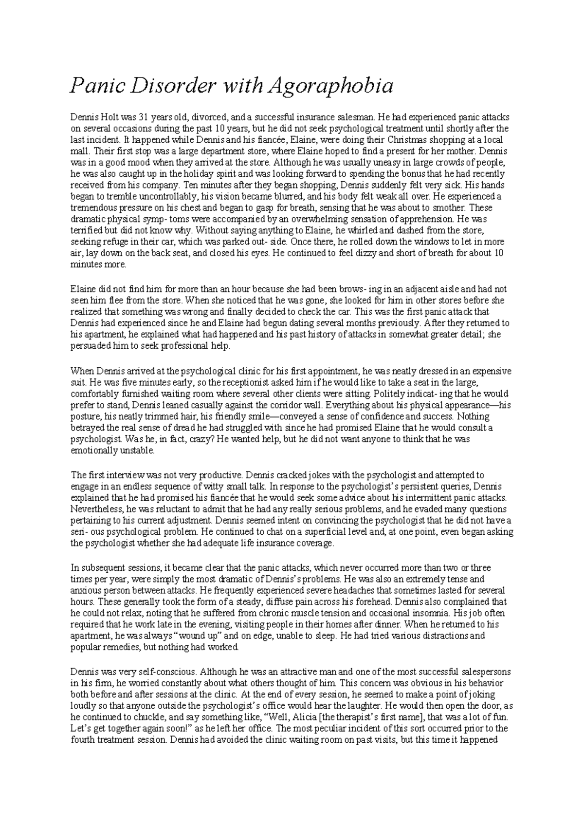 Panic Disorder & Agoraphobia Case Study: Dennis Holt's Journey - Studocu
