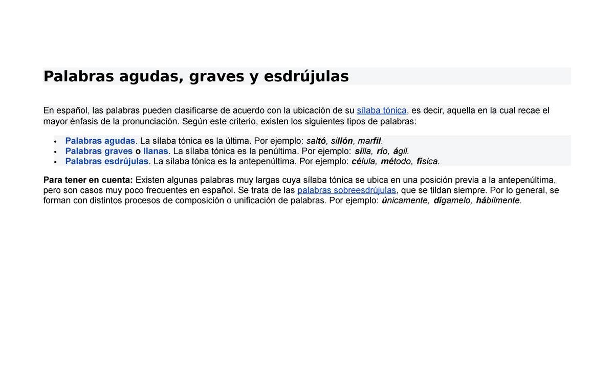 Clasificación de Palabras: Agudas, Graves y Esdrújulas - Studocu