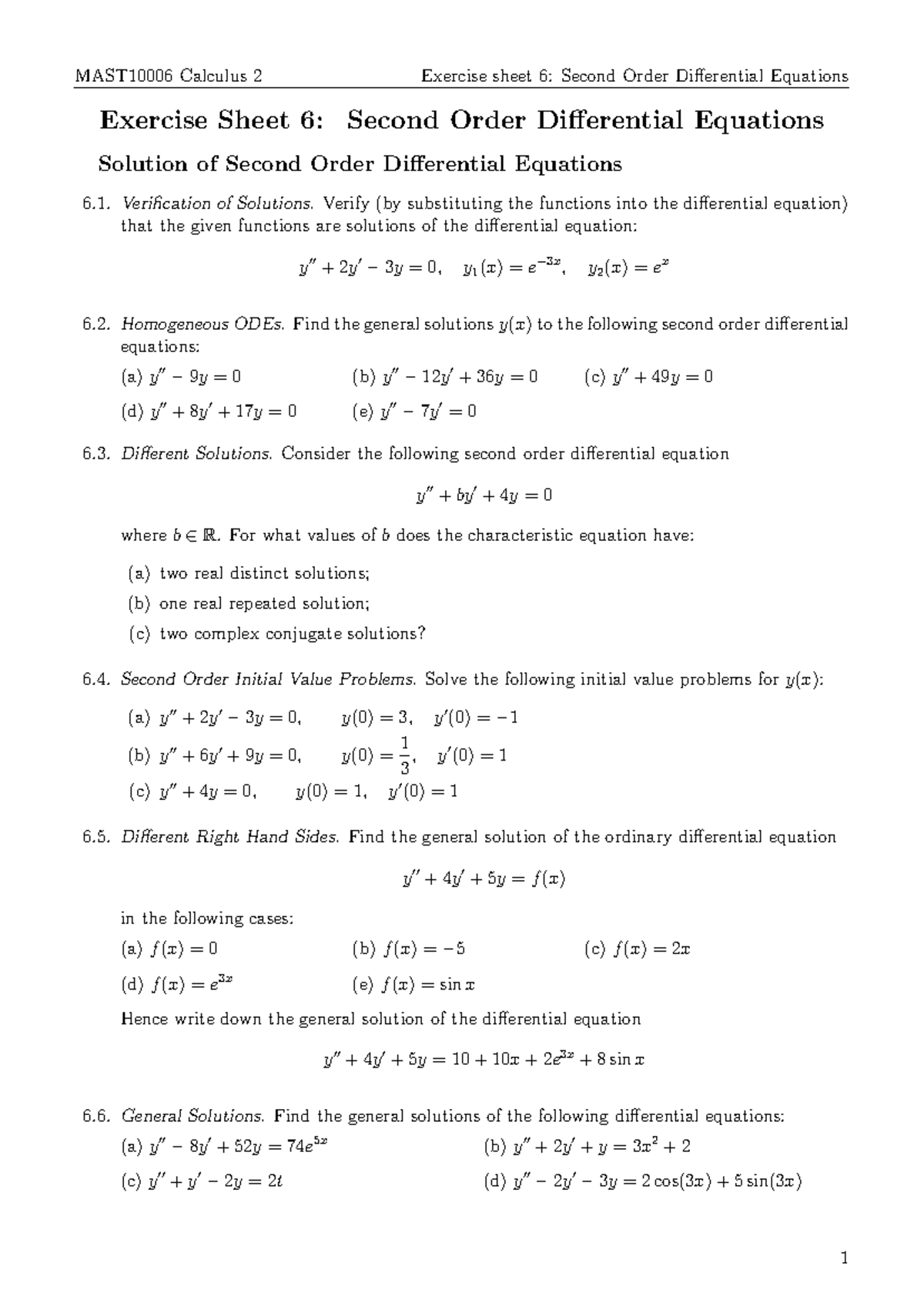 Calculus 2 MAST10006 Exercise Sheet 6: Second Order Differential ...